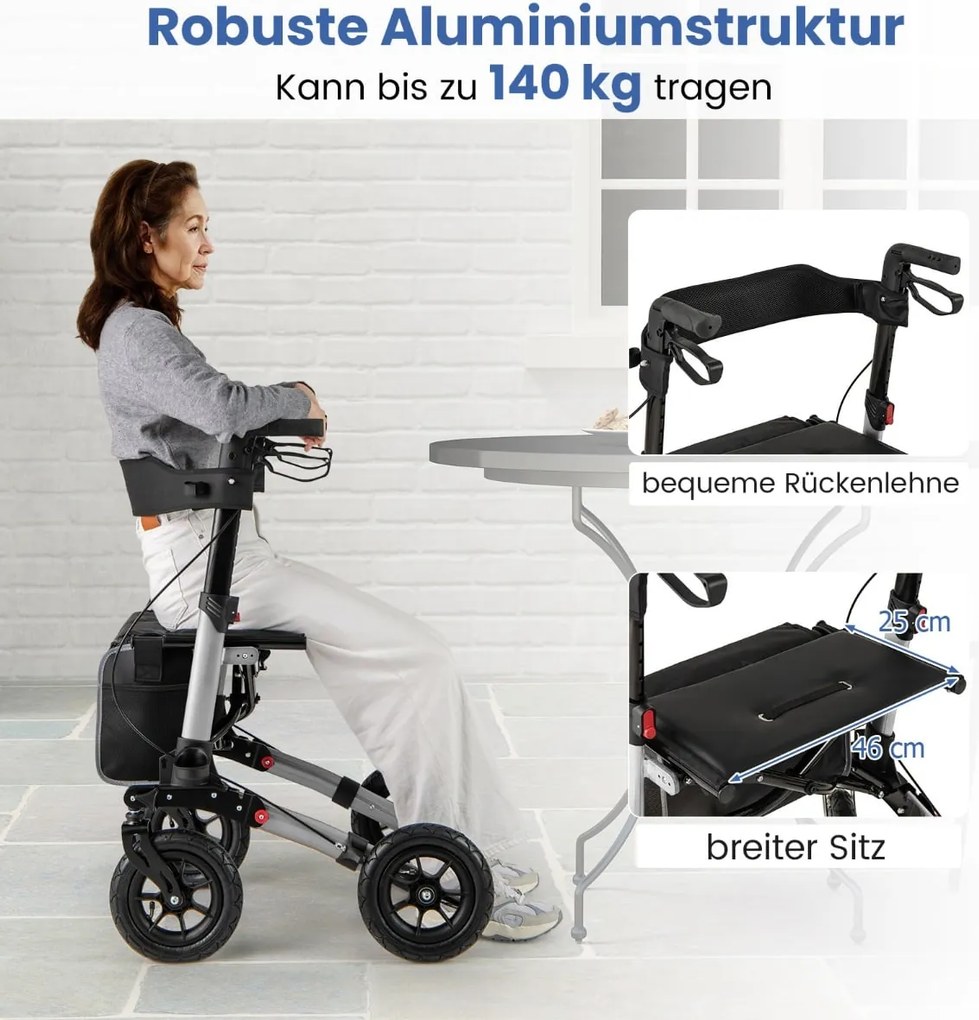 Costway Rollator s pneumatikami, skládací a lehký s hliníkovým – stříbro
