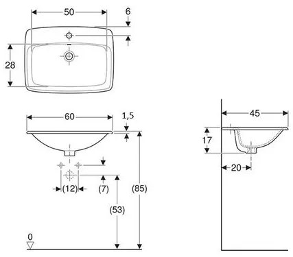 Geberit Selnova Square Zápustné umyvadlo 60 cm, bílá 500.307.01.1