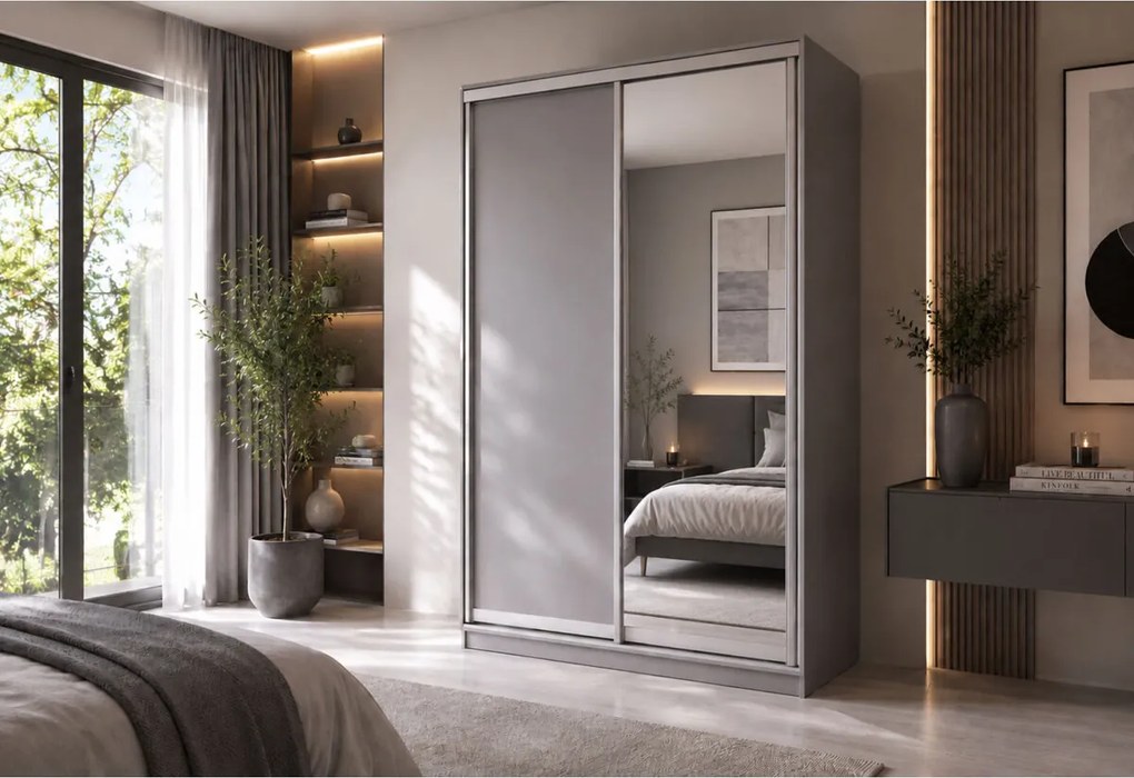 Skříň s posuvnými dveřmi 1400x2200x600 1LTD 1 Zrcadlo myší šedá, profil stříbrný