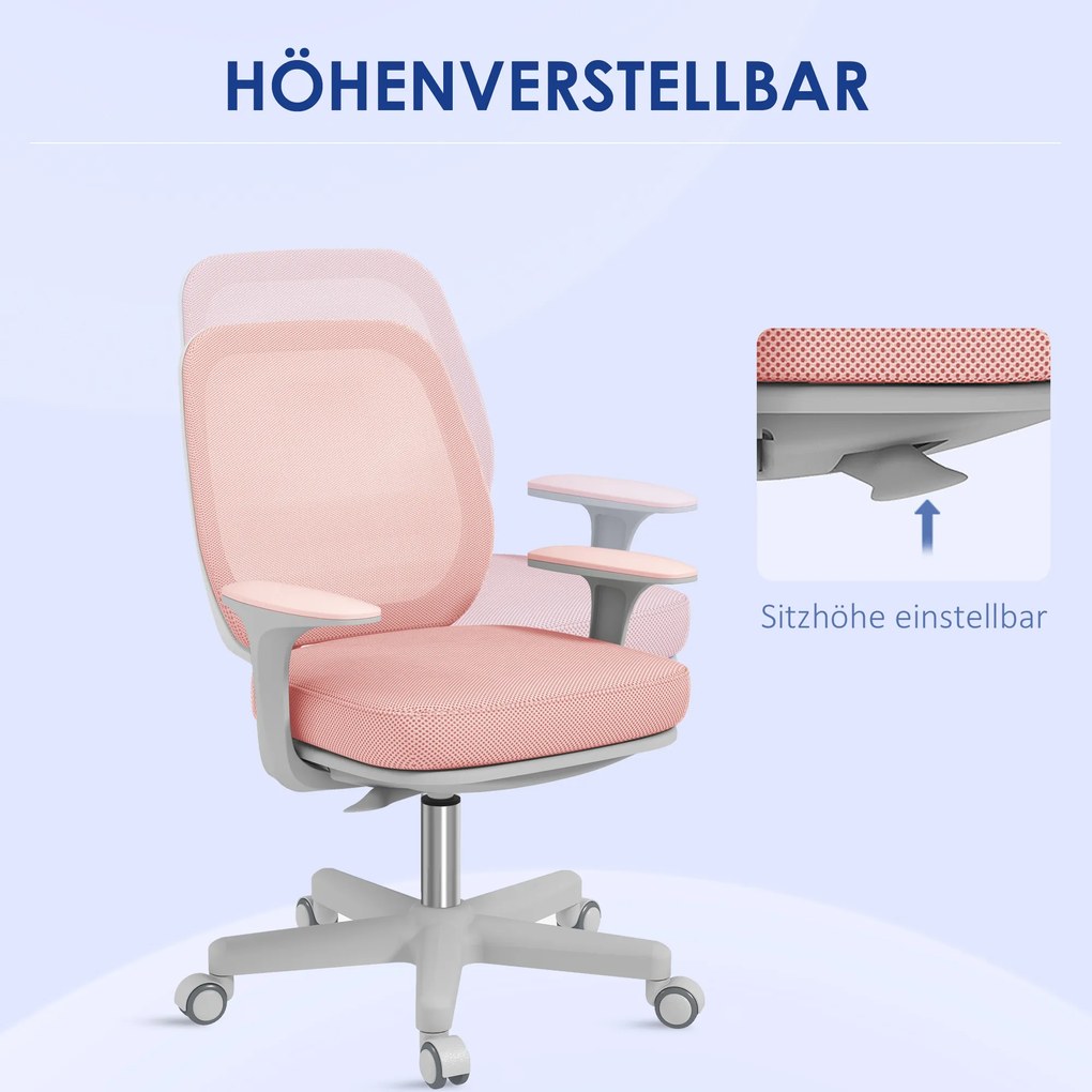 Ergonomická kancelářská židle Vinsetto z prodyšné tkaniny s 5 kolečky, nastavitelná výška, 55x48x82,5-94,5 cm, Růžová