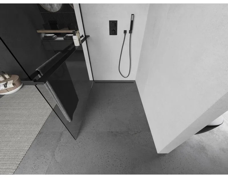 Mexen Kioto+ L, sprchová zástěna Walk-In s poličkou a věšákem 100 x 200 cm, 8mm čiré sklo, černý profil, 800-100-123-70-00
