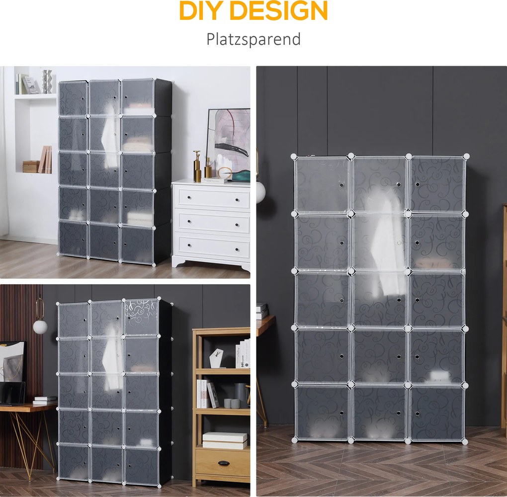 HOMCOM DIY systém polic pro šatníky s 2 velkými a 9 malými kostkami - DIY organizér, botník, úložný regál na knihy a hračky, černý 111 x 47 x 183 cm