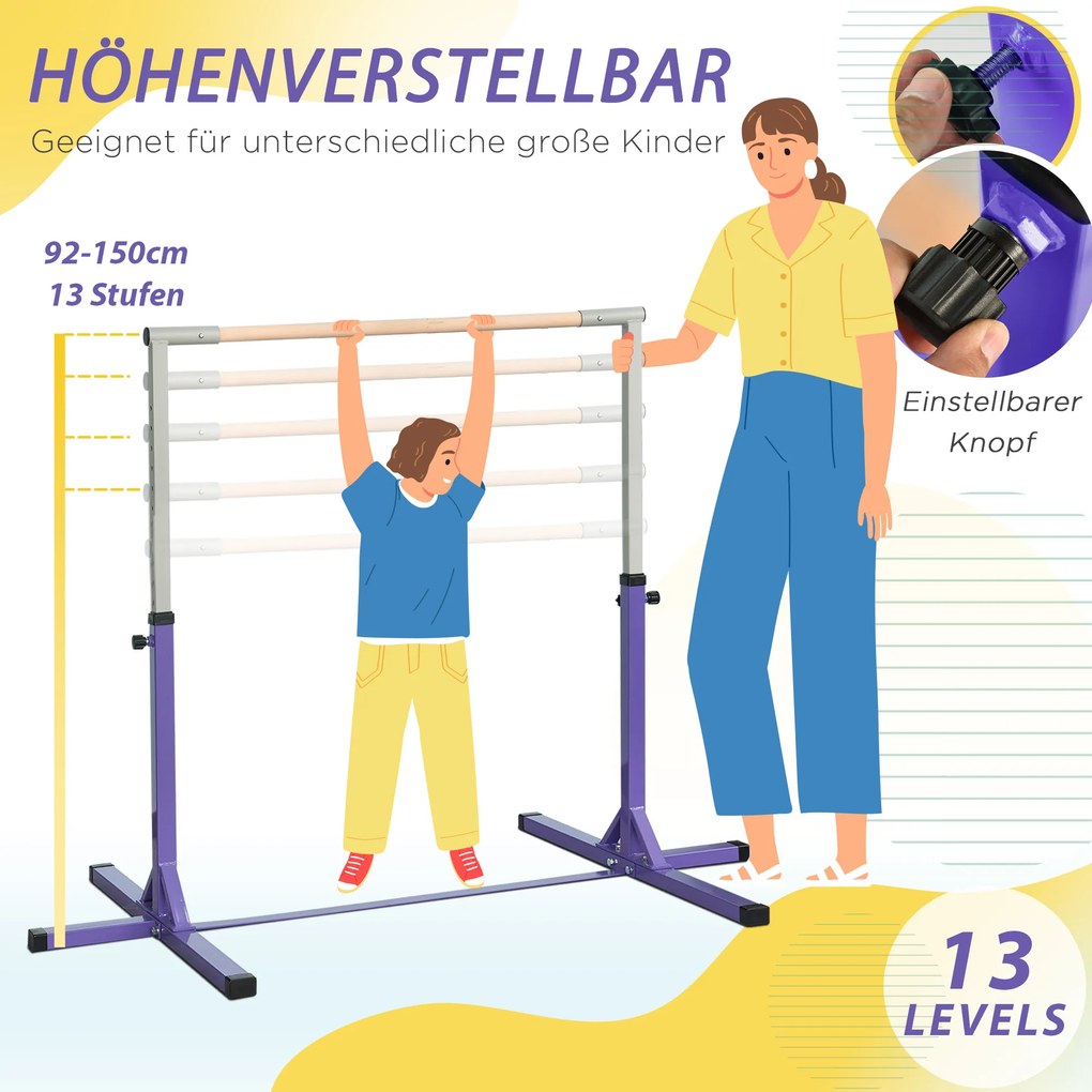 HOMCOM Dětská gymnastická tyč pro 3+ let, nastavitelné tréninkové barové zařízení 92-150 cm, horizontální gymnastická tyč pro zátěž 75 kg, 194x121x15…