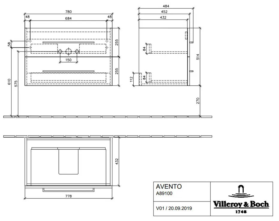 Villeroy & Boch Villeroy Boch AVENTO: spodní skříňka 780x514x452mm, 2 výsuvné díly, Nordic Oak, A89100VJ
