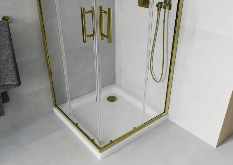 Mexen Rio, čtvercový sprchový kout s posuvnými dveřmi 90 (dveře) x 90 (dveře) x 190 cm, 5mm čiré sklo, zlatý profil + bílá sprchová vanička SLIM, 860-090-090-50-00-4010G