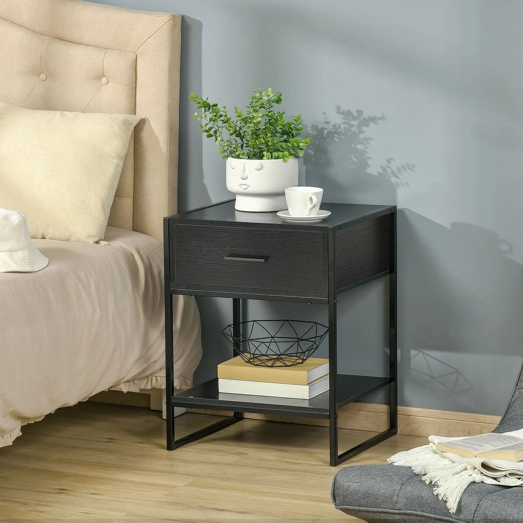 HOMCOM Noční stolek s šuplíkem a úložným prostorem pro ložnici, obývací pokoj, postel a kancelář, moderní styl 45x40x60 cm Černý | Aosom