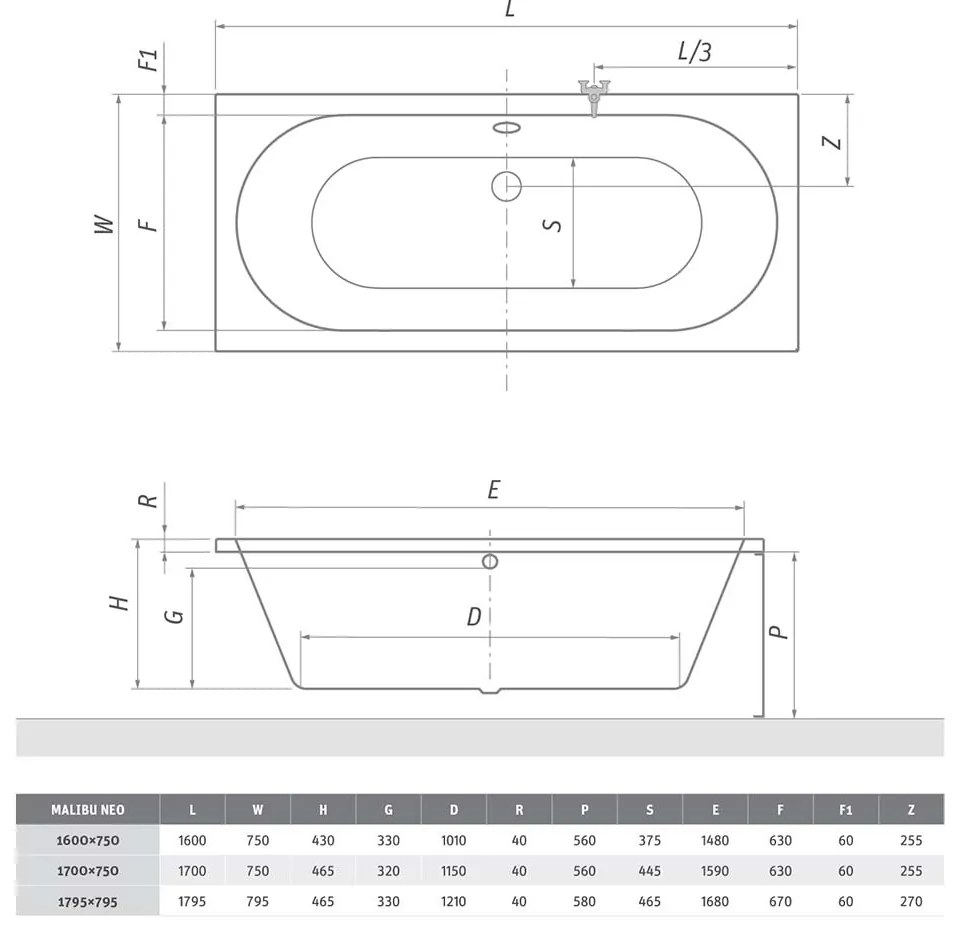 Roth MALIBU NEO 170 obdélníková vana 170 x 75 cm 9190000