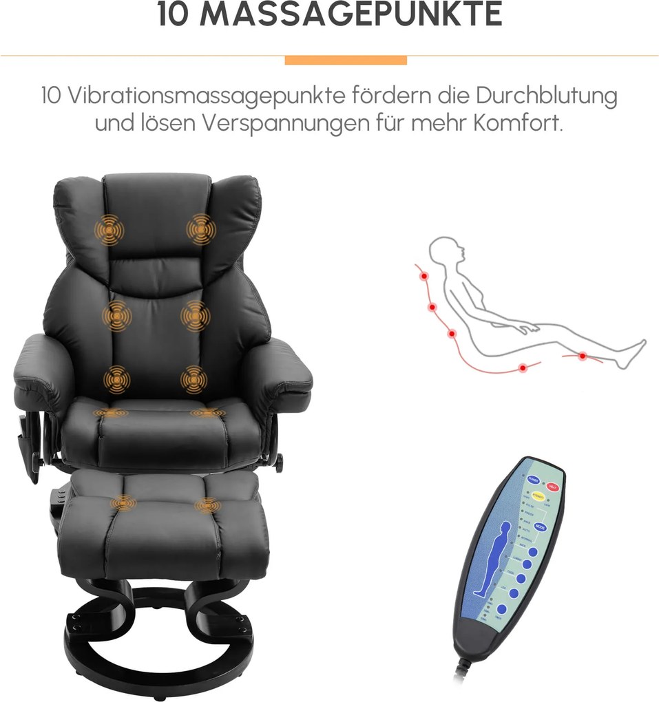 HOMCOM Relaxační křeslo s masážní funkcí a podnožkou Masážní křeslo s funkcí polohování, imitace kůže, černé| Aosom