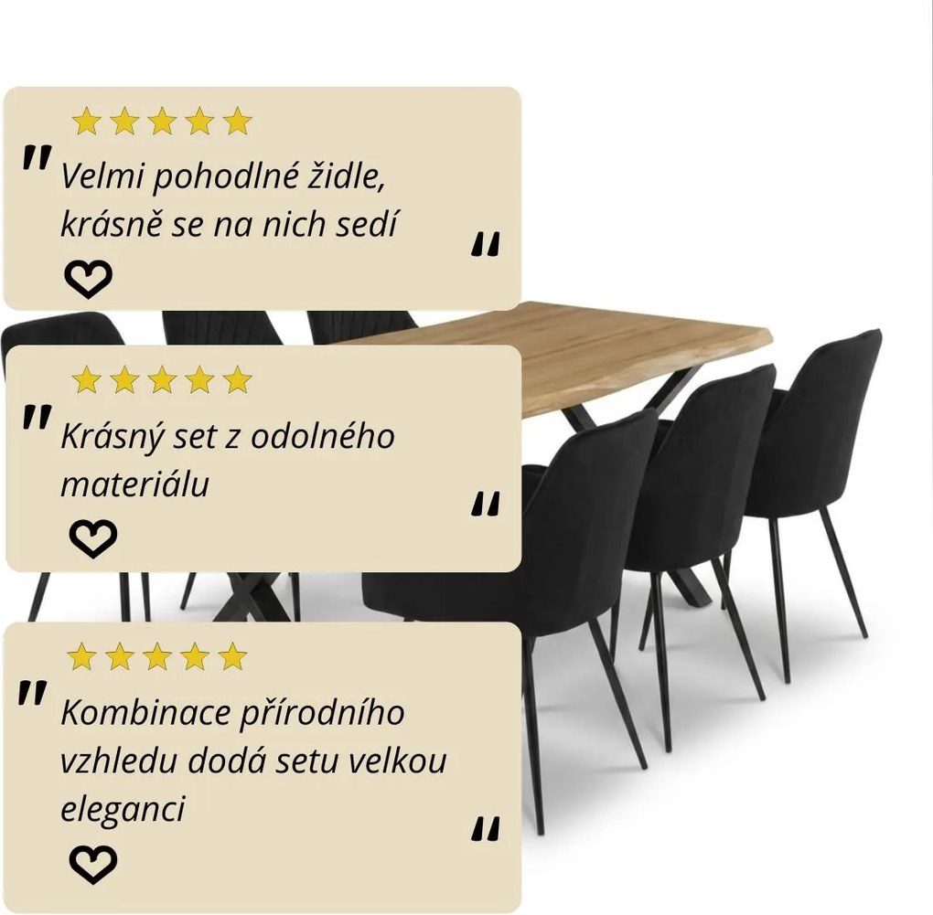Vikio Jídelní set pro 6 osob 180x90 cm soft dub noha X černá židle s područkami VJS228-6C