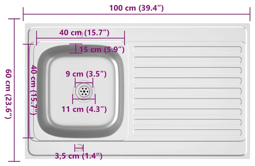 vidaXL Marketos Kuchyňský dřez s odtokem stříbrný 1000x600x155 mm nerezová ocel