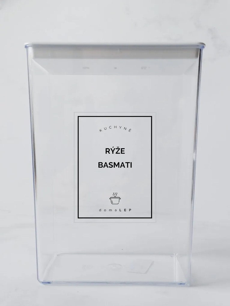 RÝŽE BASMATI – průhledná samolepka na dózu, tučné písmo, 6 x 8 cm | DomaLEP