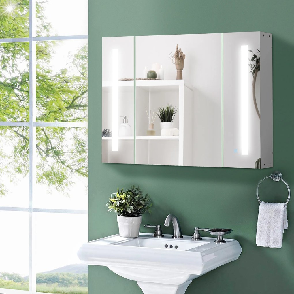kleankin Zrcadlová skříňka 3 zrcadlová dvířka LED světla 90 × 15 × 65 cm bílá