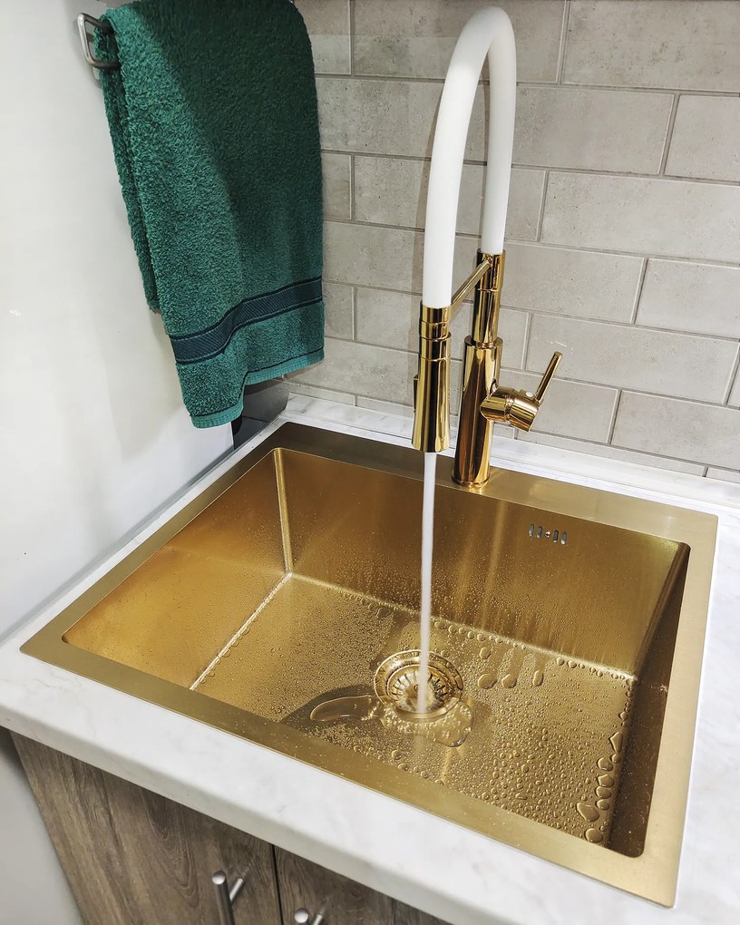 Kuchinox Shire, vysoká dřezová baterie s U-tvarovanou výlevkou h-499, bílá-zlatá lesklá, LAV-BQH_G78D