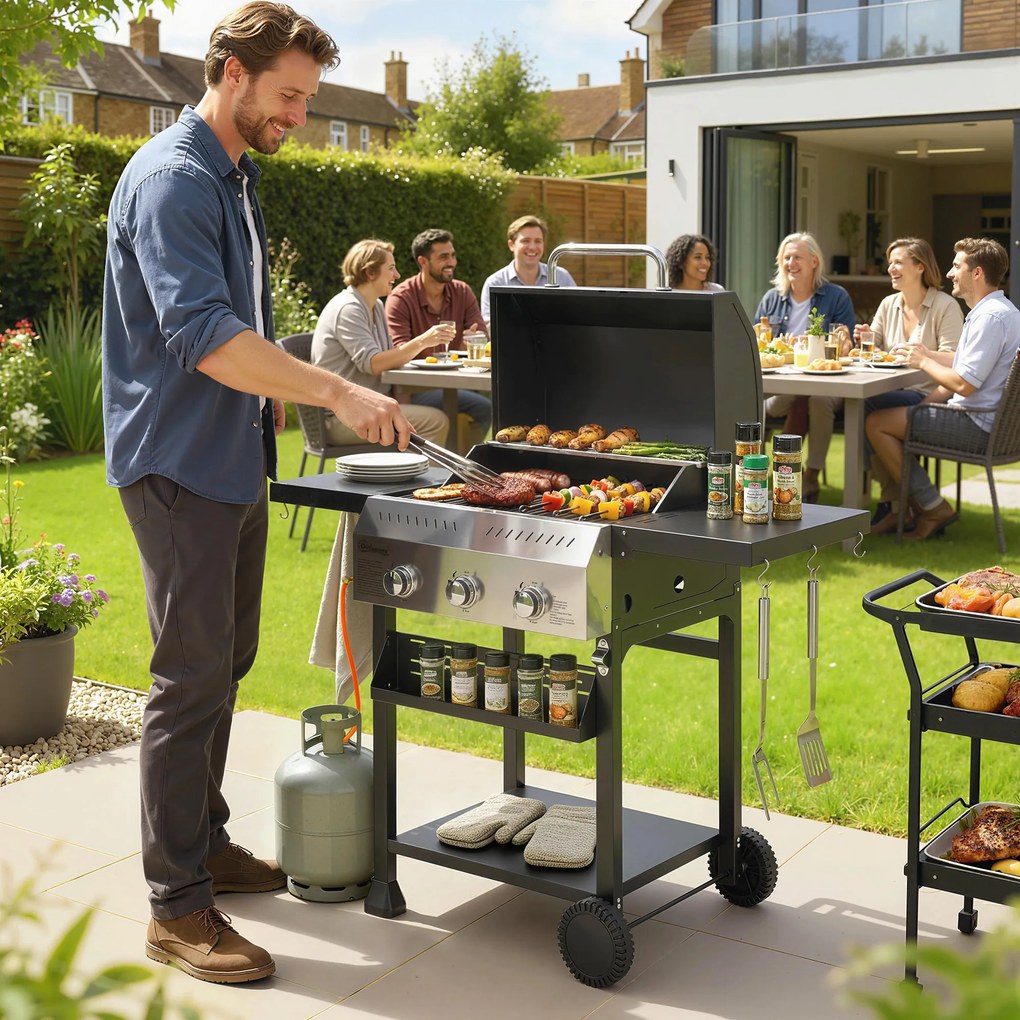 Plynový gril 9 KW 3 hořáky BBQ grilovací vozík z nerezové oceli včetně skládacího bočního stolku držák na koření spodní police 6 háčků