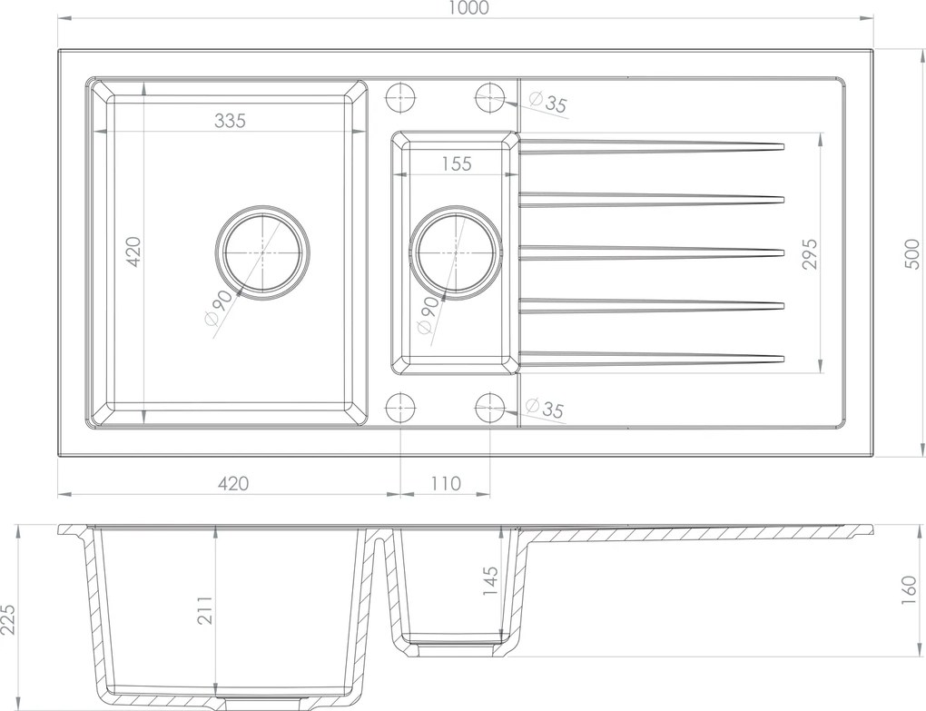 Sapho GR1331 Dřez 96 x 48 cm granitový vestavný s odkapávací plochou a vaničkou bílá