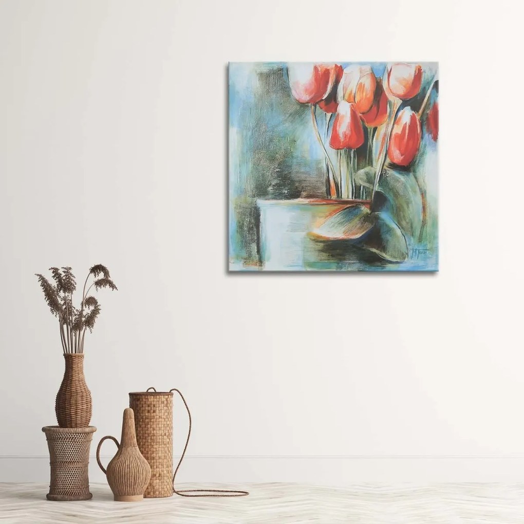 Obraz na plátně Váza s červenými tulipány - 30x30 cm