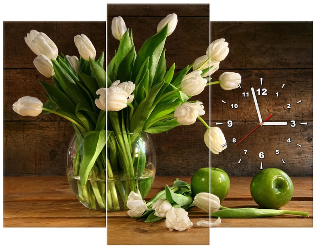 Gario Obraz s hodinami Okouzlující bílé tulipány - 3 dílný Rozměry: 100 x 70 cm