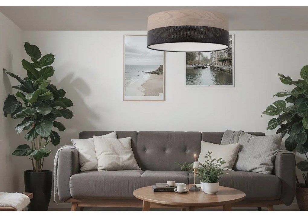 Stropní svítidlo Wood, 1x béžová dubová dýha/černé plastové stínítko, (bílé plexisklo), (fi 40cm)