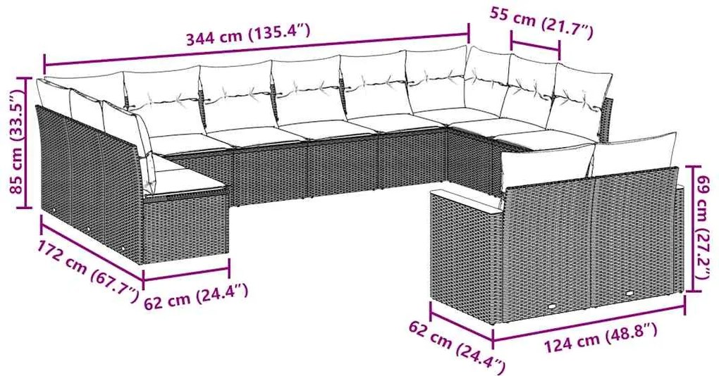 12dílná zahradní sedací souprava s poduškami černá polyratan 3258843