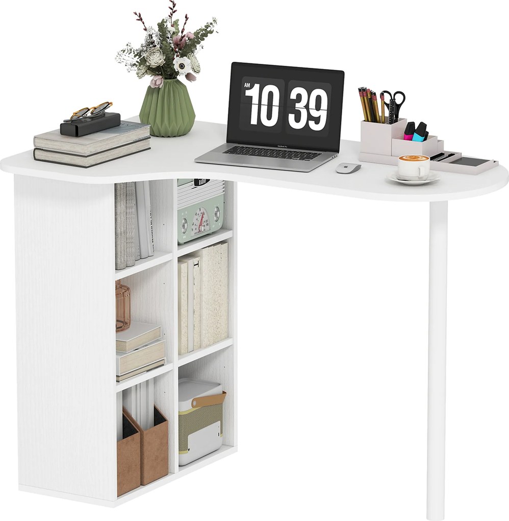 HOMCOM psací stůl s oblou deskou, 6 přihrádek a 4 nastavitelné police, MDF/ocel, 100 x 59 x 75,5 cm, bílá