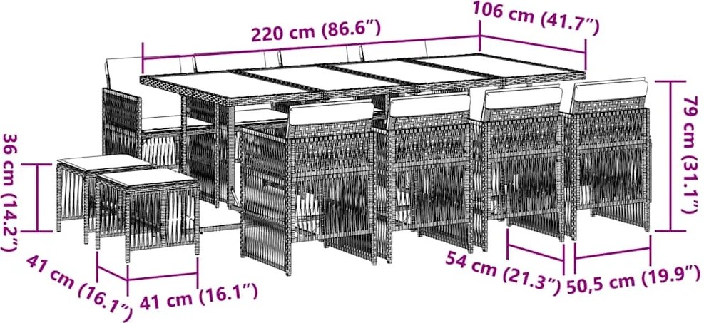 13dílný zahradní jídelní set s poduškami světle šedý polyratan 3210983