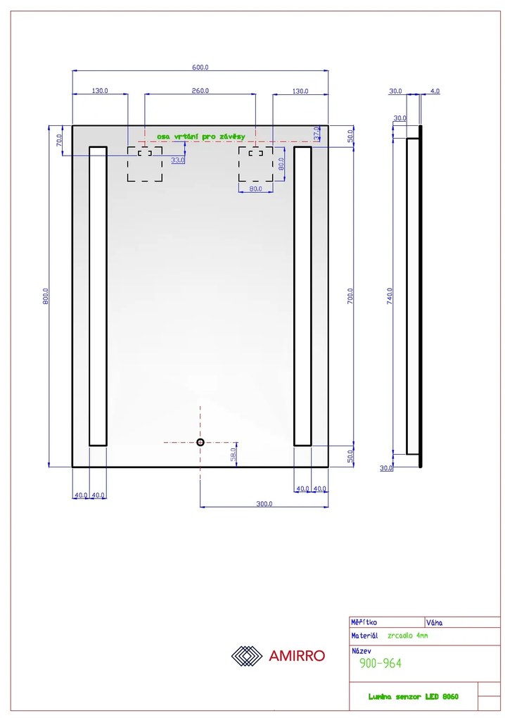 Amirro Zrcadlo na zeď chodbu do pokoje ložnice koupelny předsíně LUMINA SENZOR LED - 80 x 60 cm se dvěma  LED podsvícenými pruhy a  s dotykovým sensorem 900-964