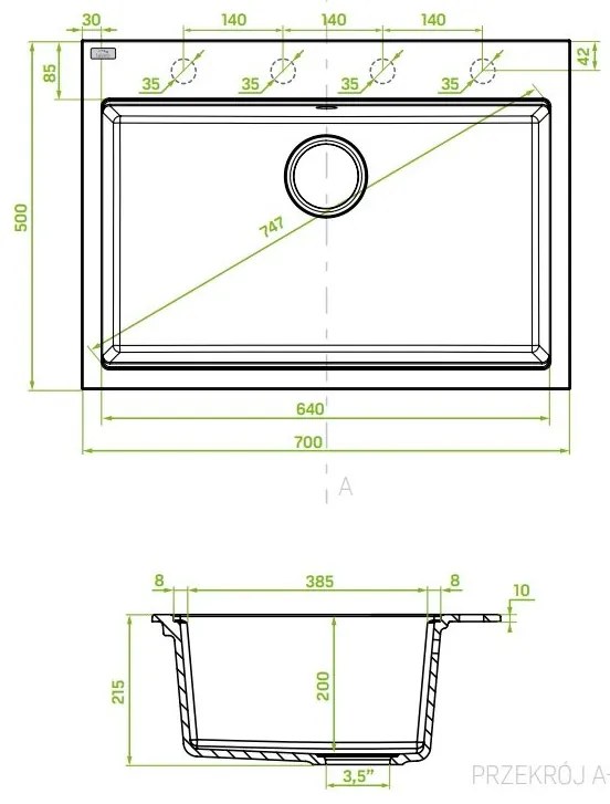 Laveo Tau, 1-komorový granitový dřez 700x500x215 mm, bílá, LAV-SBT_6107