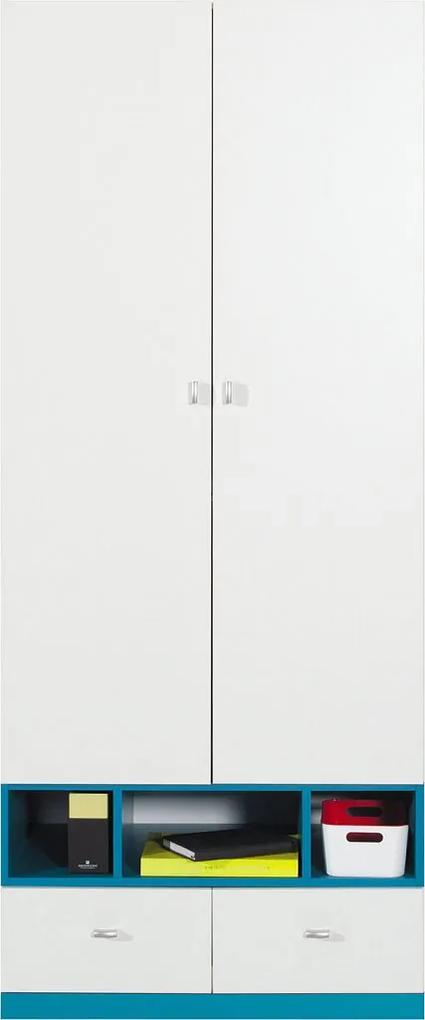 Dětská šatní skříň Poly 2, lamino + ABS, bílá / tyrkysová, 80x195x50 cm