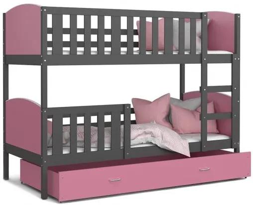 DOBRESNY Dětská patrová postel TAMI 90x200 cm s šedou konstrukcí v růžové barvě