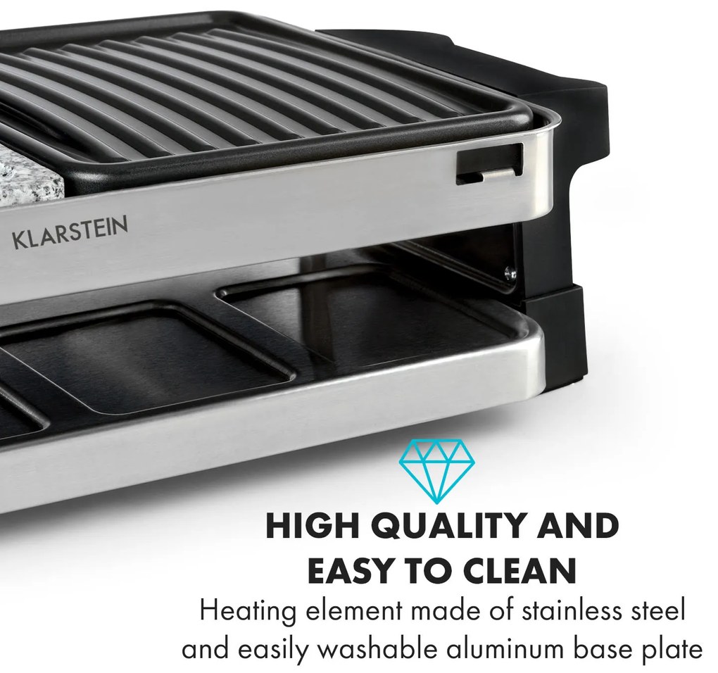 Klarstein Sirlion, raclette gril, 1500W, hliník/kámen, pro 8 osob, kontrolní LED