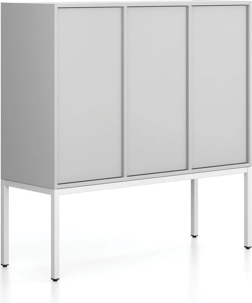 Kancelářská skříň FRAME, nízká, bílá podnož, 3x dveře, 1299 x 450 x 1331 mm, PUSH-lock, šedá