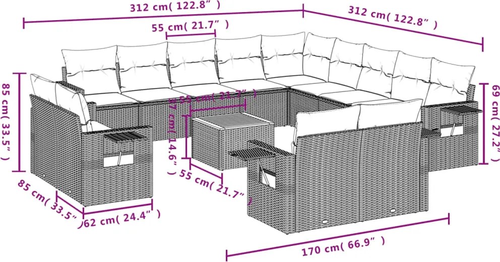 14dílná zahradní sedací souprava s poduškami šedá polyratan 3257173