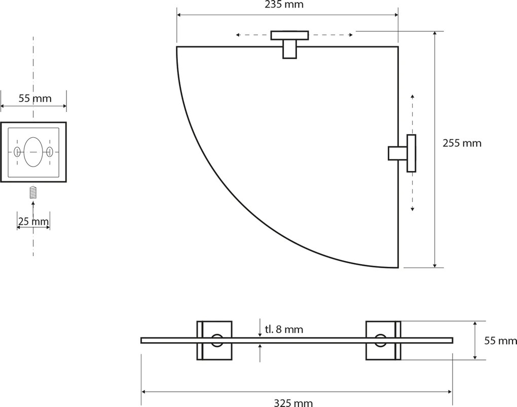 Sapho, X-SQUARE polička skleněná rohová 250x55x250mm, chrom, XQ604