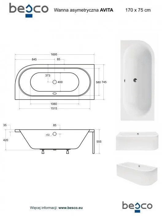 BESCO Asymetrická vana AVITA Nožičky k vaně - S nožičkami, Rozměr vany - 180 × 80 cm, Způsob provedení - Pravé - VANAVIT180P+OLVPINOZSTELWD