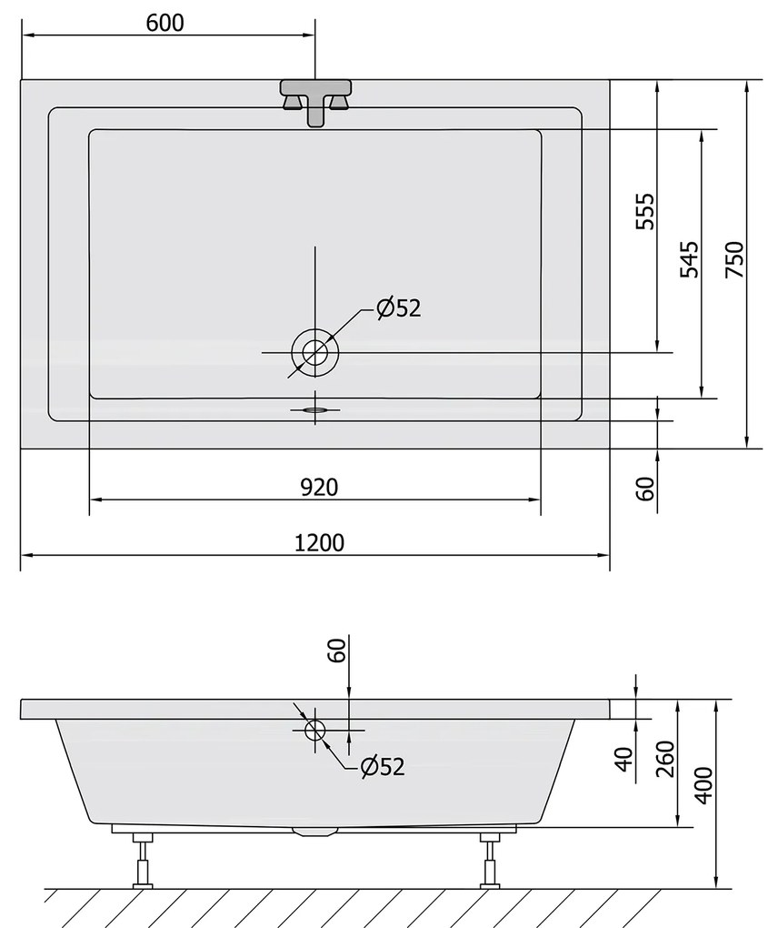 Polysan DEEP hluboká sprchová vanička s konstrukcí, obdélník 120x75x26cm, bílá, 78796