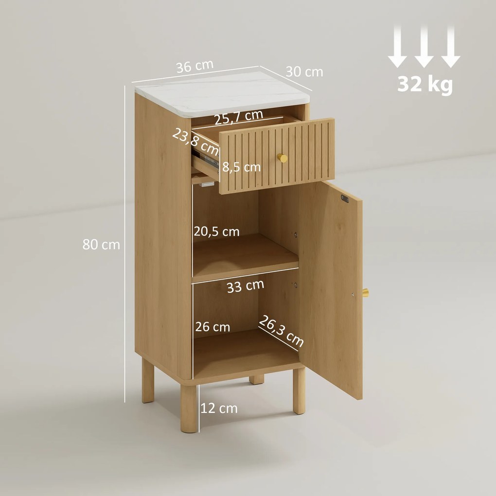 HOMCOM koupelnová skříňka, úložná skříňka s mramorovou efektní deskou a drážkovanými dveřmi, zásuvka 36 Š x 30 H x 80 V cm, dub