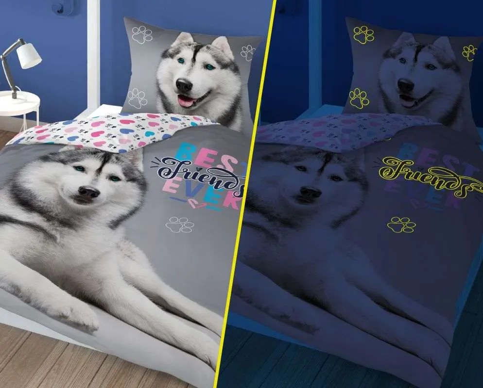 DETEXPOL Svítící povlečení pes Husky  Bavlna, 140/200, 70/80 cm