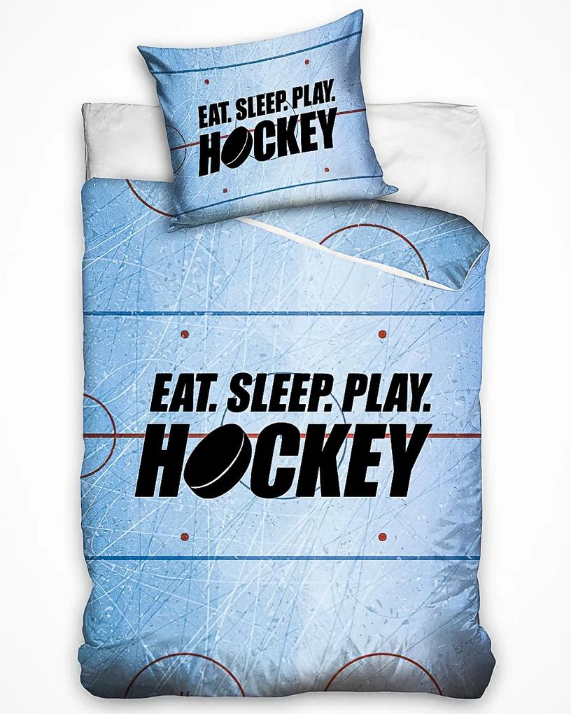 BedTex Hokejové povlečení EAT SLEEP PLAY HOCKEY, světle modré, bavlna hladká, 140x200cm + 70x90cm