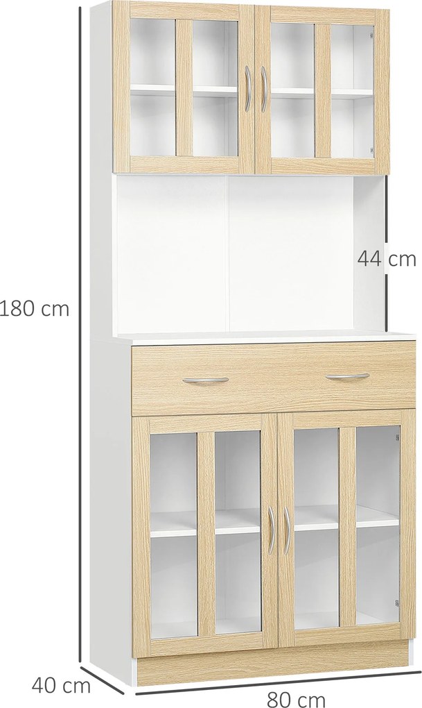 HOMCOM Vysoký kuchyňský bufetový skříň s vícerozměrným úložným prostorem, 4 skleněné dveře, bílé dřevo s posuvnou zásuvkou a širokou plochou v vzhled…