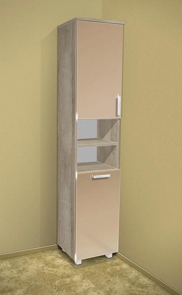 Vysoká koupelnová skříňka s košem K17 barva skříňky: dub stříbrný, barva dvířek: káva lesk