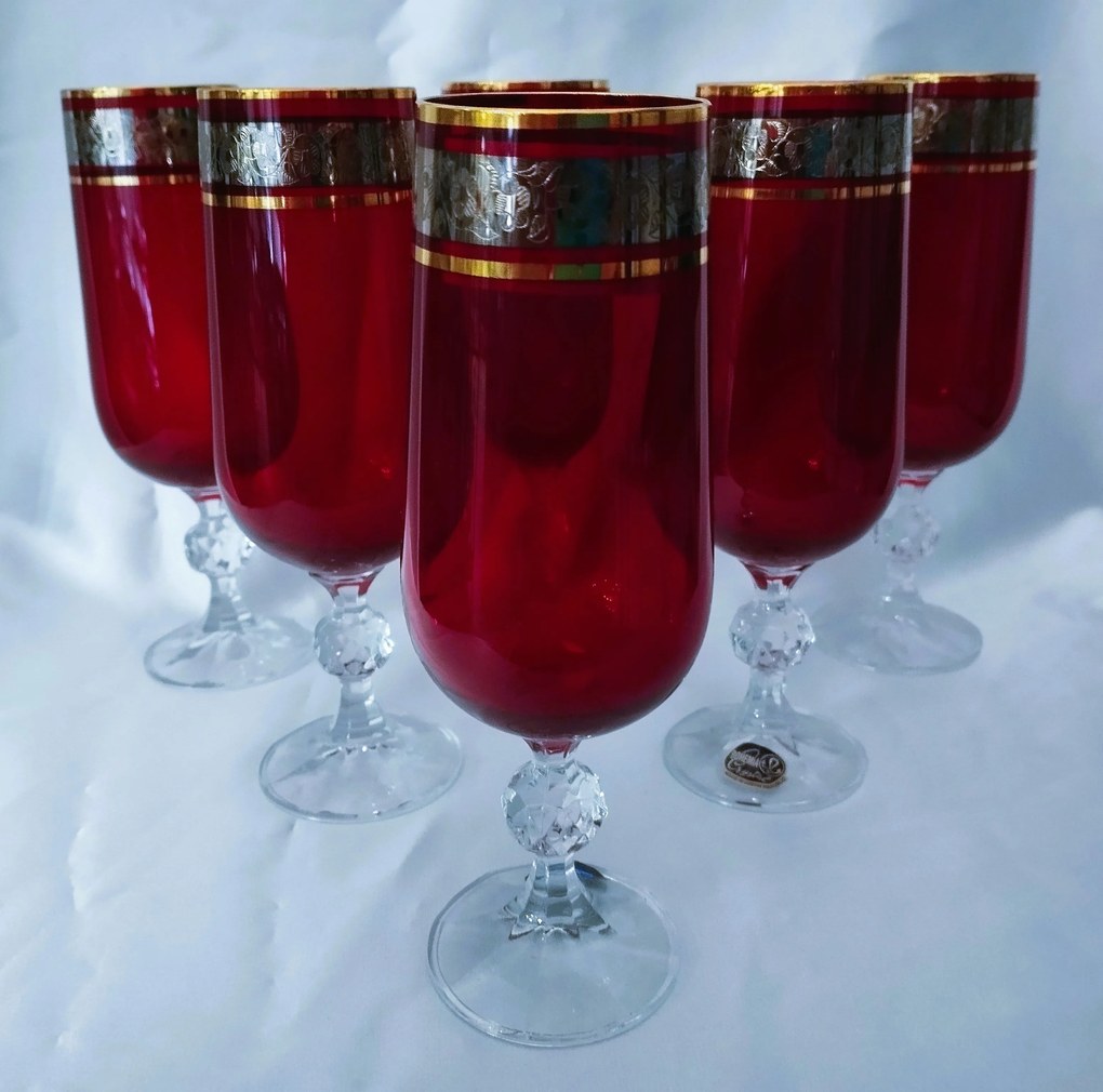 Sklenice na šampaňské Claudia zdobené 190 ml, 6 ks, 3 barvy - Červená