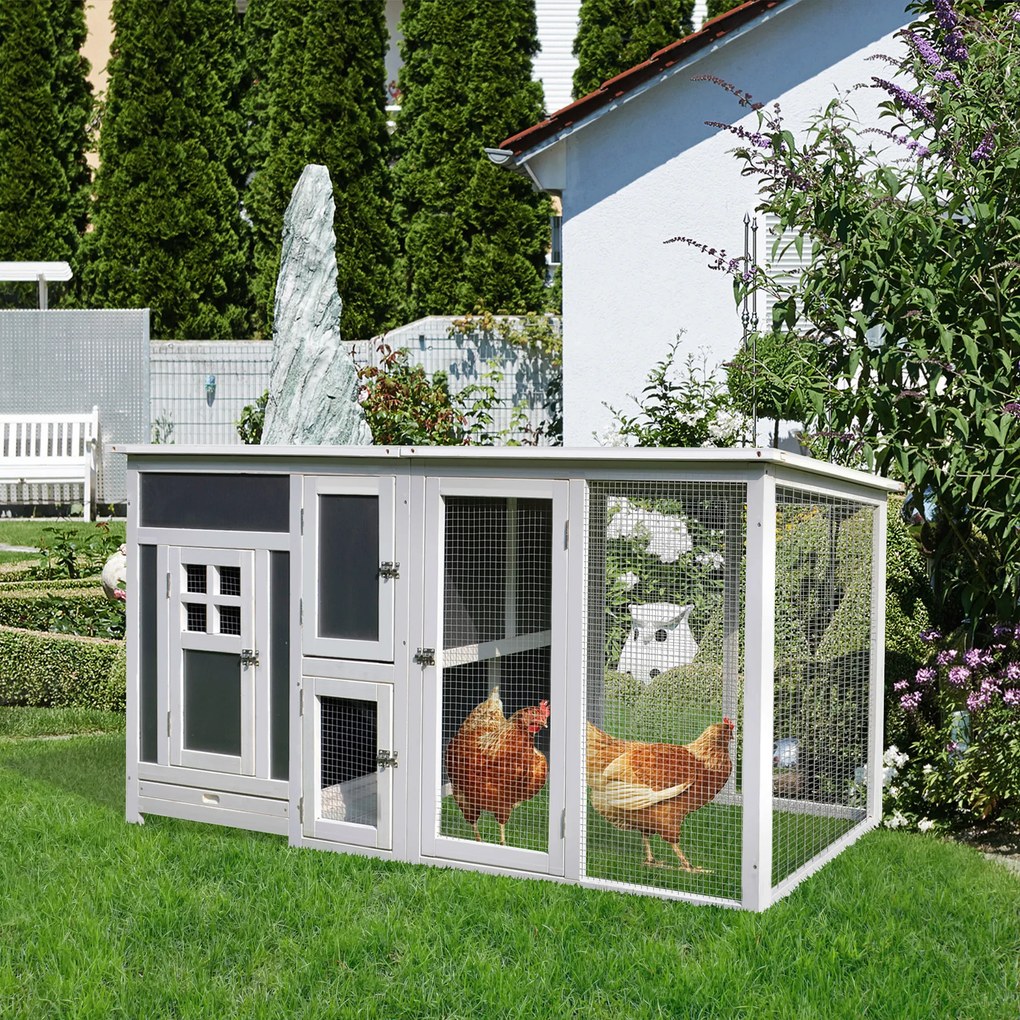 PawHut kurník pro slepice, vhodný pro 1-2 slepice, s hnízdem, box na vejce se 2 přihrádkami, jedle, šedá+bílá, 160 x 75 x 80 cm