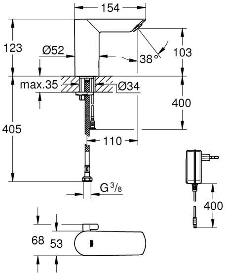 GROHE 36453000 - Infra el. umyvadlová baterie BAU COSMOPOLITAN E 123 mm chrom