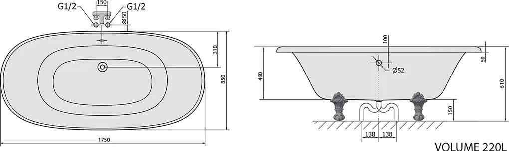 Polysan REGATA volně stojící vana 175x85x61cm, nohy chrom mat, bílá 10231