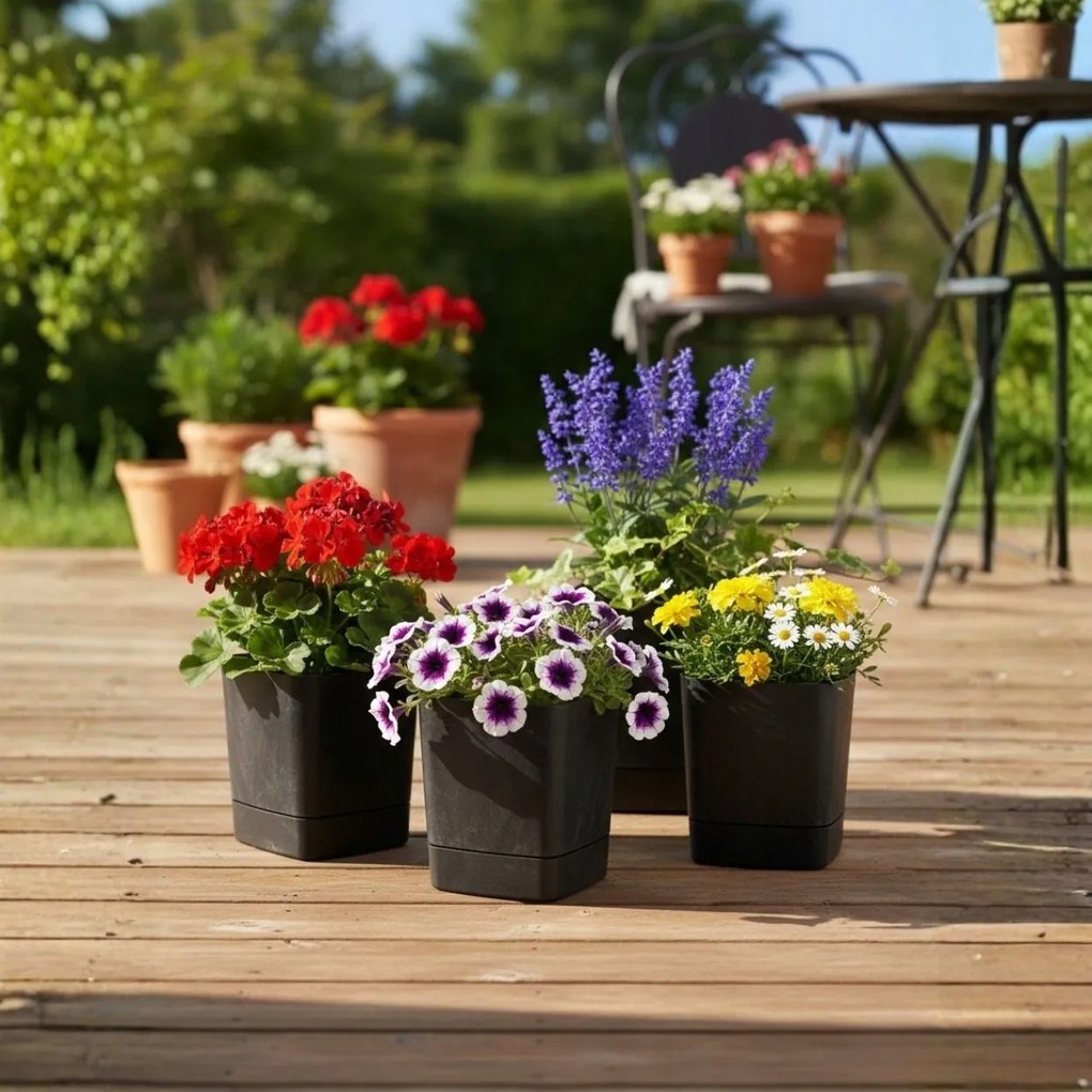 Plastový květináč s podmiskou Cubi 30x30 cm černý beton
