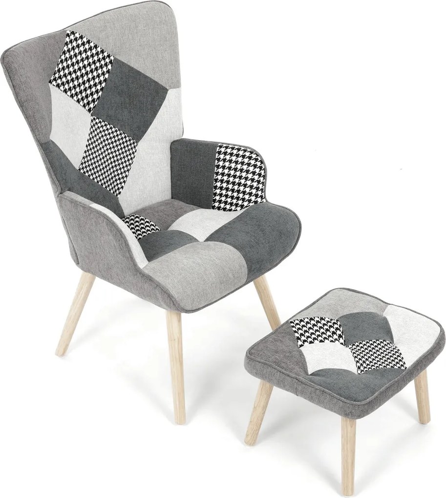 Relaxační křeslo ušák s podnožkou LYRO - šedá patchwork látka