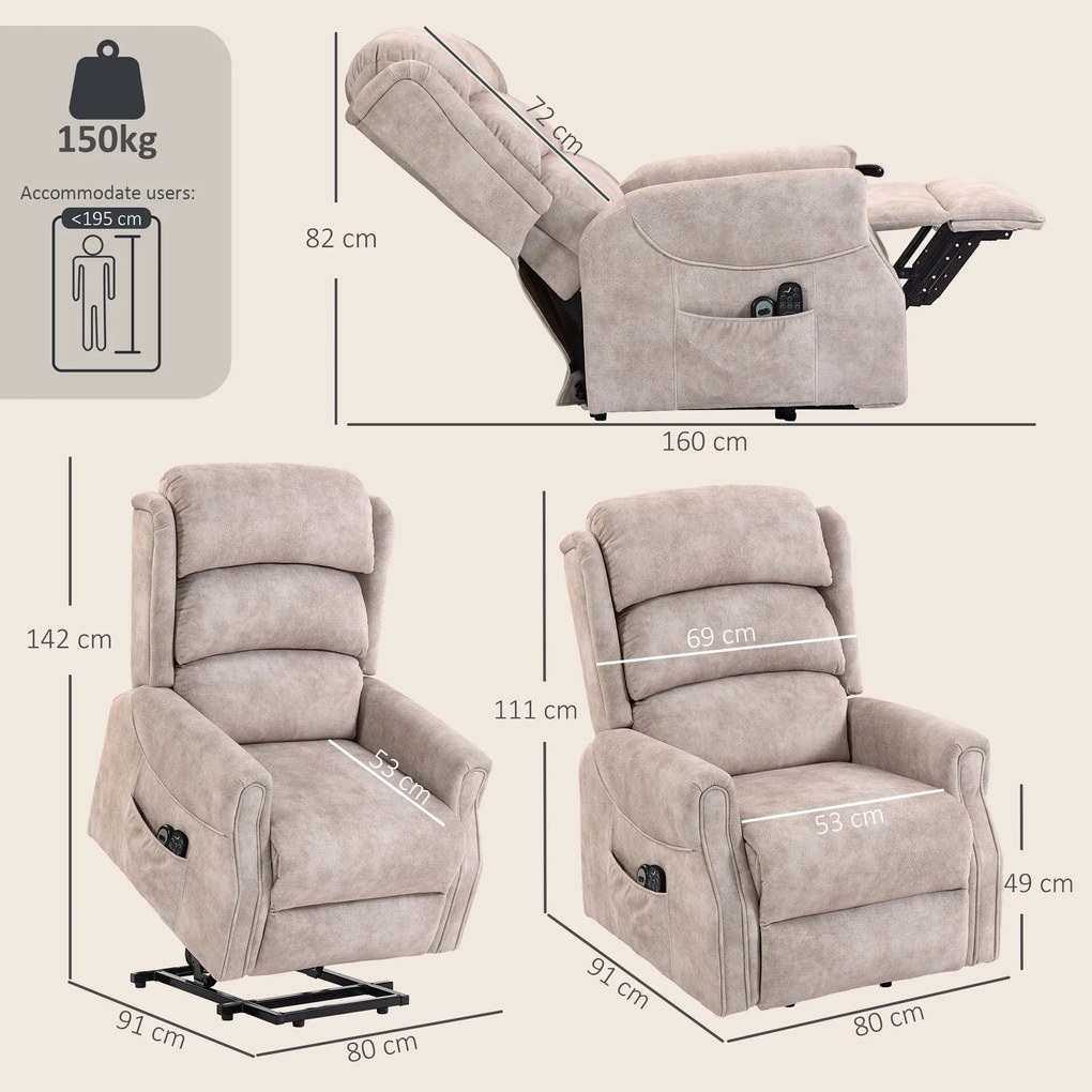 HOMCOM Elektrické křeslo s vybavením na vstávání s vibrační masáží a teplem, elektrické relaxační křeslo z sametu, 80x160x82 cm, béžová