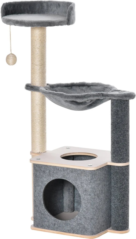 PawHut Kočičí Škrabací Strom 48x34x95 cm Kočičí Věž s Houpací Síťkou, Odnímatelnou Jeskyní, Visící Kuličkou a Sisalovými Sloupky Šedá