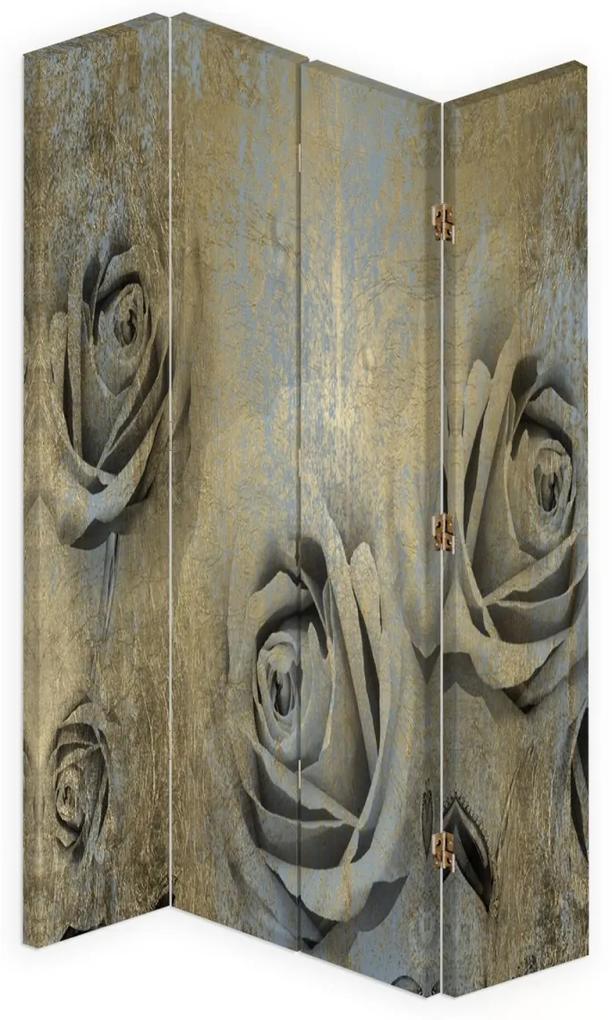 Ozdobný paraván Růže Květiny Zlato - 145x170 cm, čtyřdílný, klasický paraván