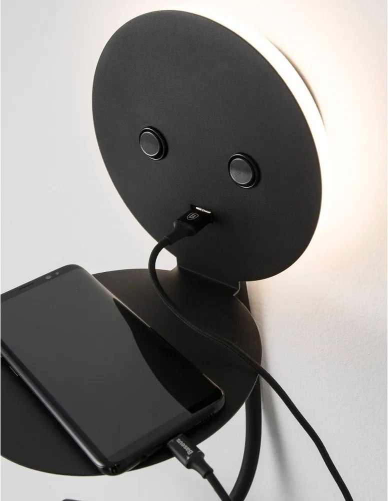 Černé hliníkové LED nástěnné svítidlo s ohybatelnou konstrukcí/s USB portem Eclip – Nova Luce